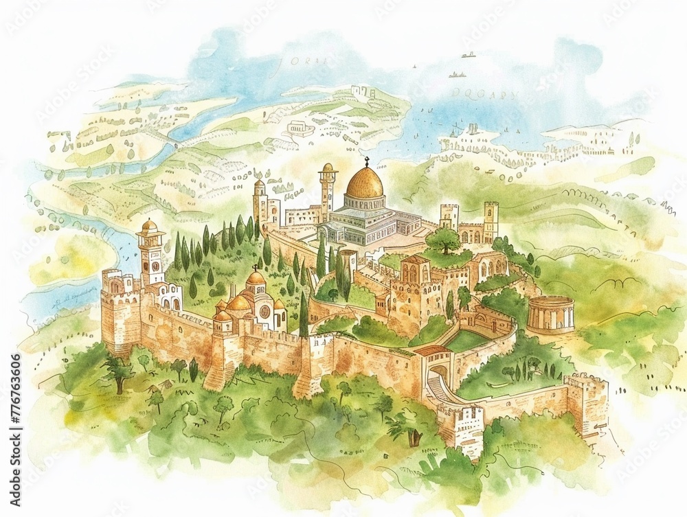 Soft watercolor map of the Holy Land dotted with key biblical locations ...