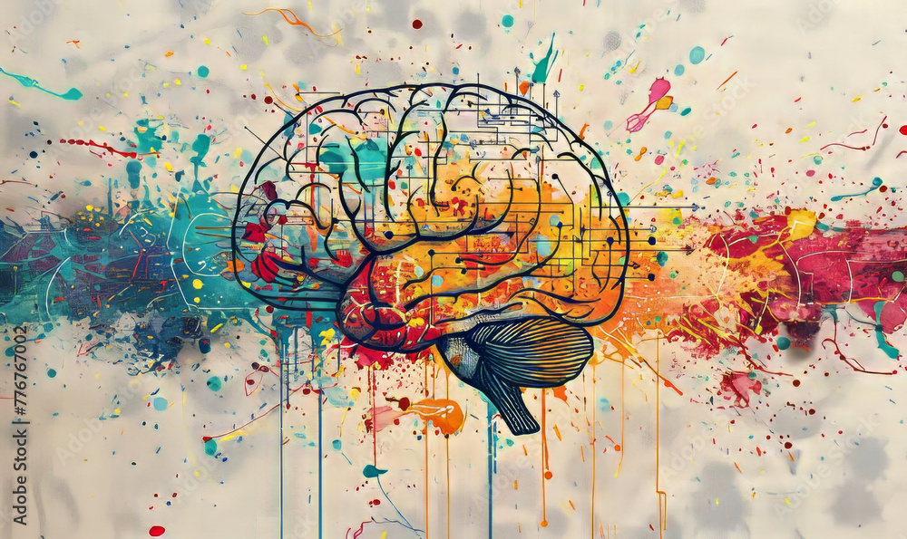 brain with circuits intertwined with paint splatters: Suggests that AI ...