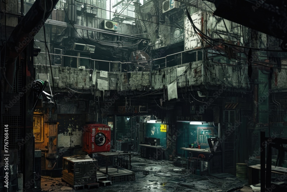Cyberpunk dystopian slums run-down areas with makeshift tech ...