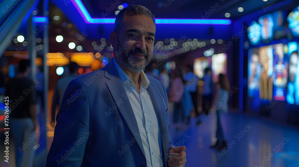 handsome arabic male in his 50s, wearing a blue suit and white shirt ...