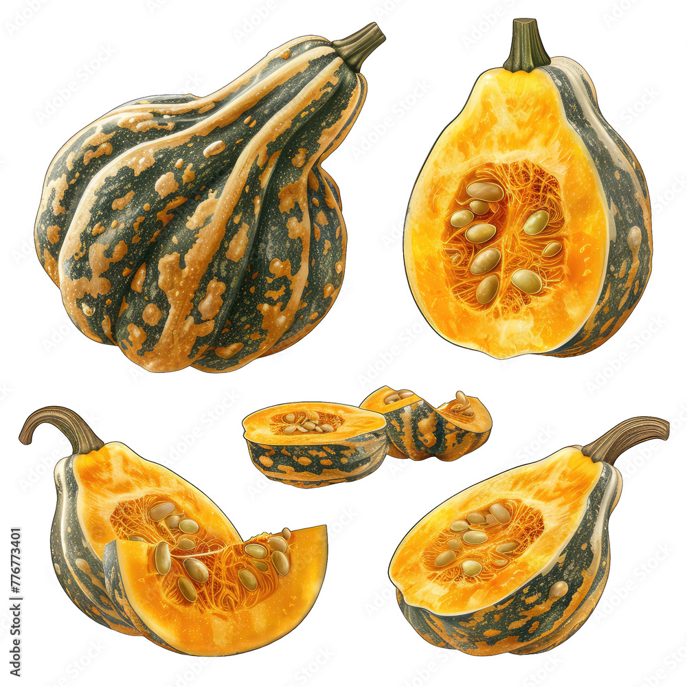 Vibrant Kabocha Squash Illustration Set for Print and Design Projects ...