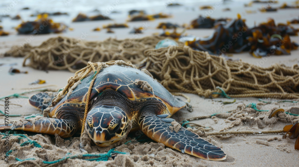 Foto de Turtles get stuck in nets on the beach due to fishing nets and ...