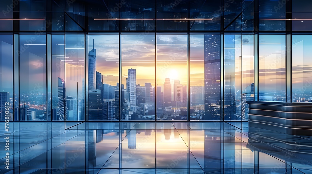 Empty High-rise modern business office skyscrapers with large bright ...