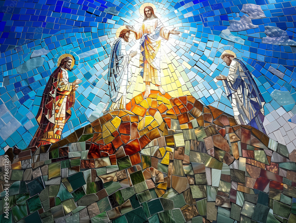 Transfiguration of Jesus Mosaic Artwork with Vibrant Blue Sky ...