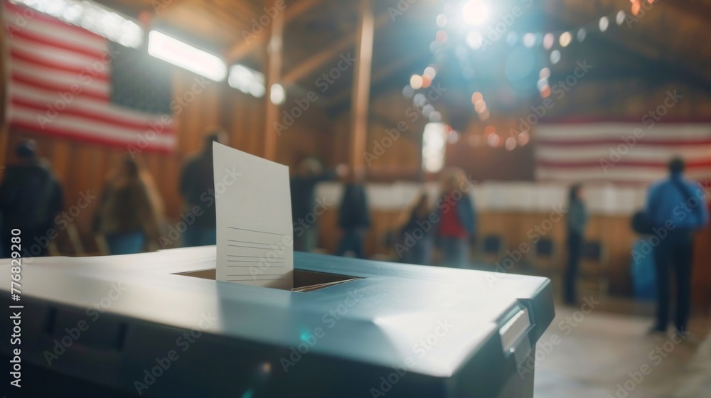 A voting machine placed directly in front of an American flag. The ...