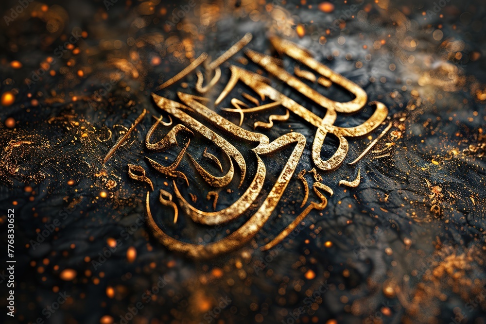 Arabic calligraphy with text on black background, 3d render of golden ...