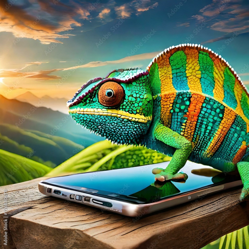 Envision a cell phone design influenced by a chameleon, featuring a ...