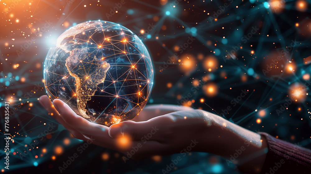 Global Connectivity and Network in Palm of Hand . A hand cradles a ...