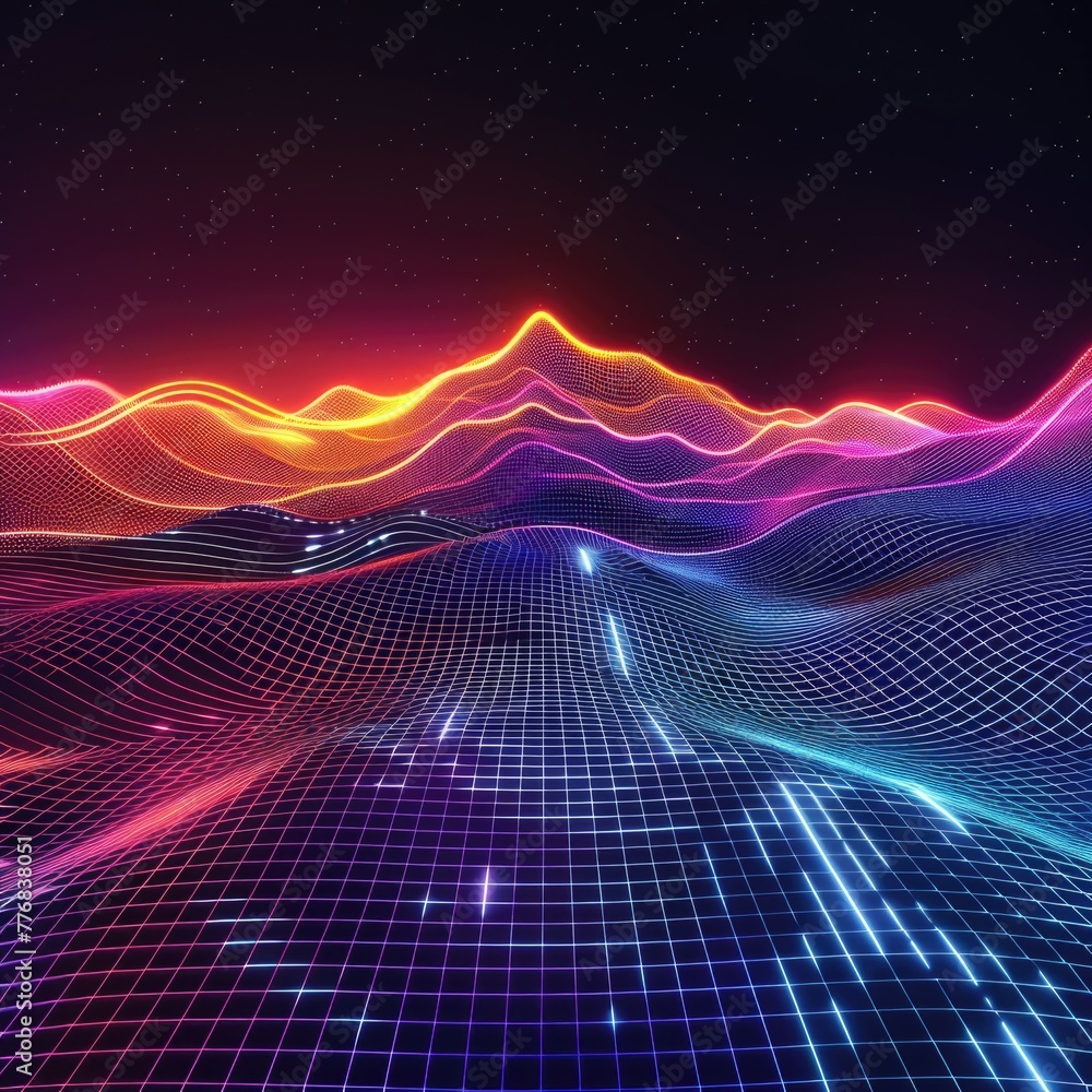 Vivid electric neon grid creating an abstract digital landscape ...