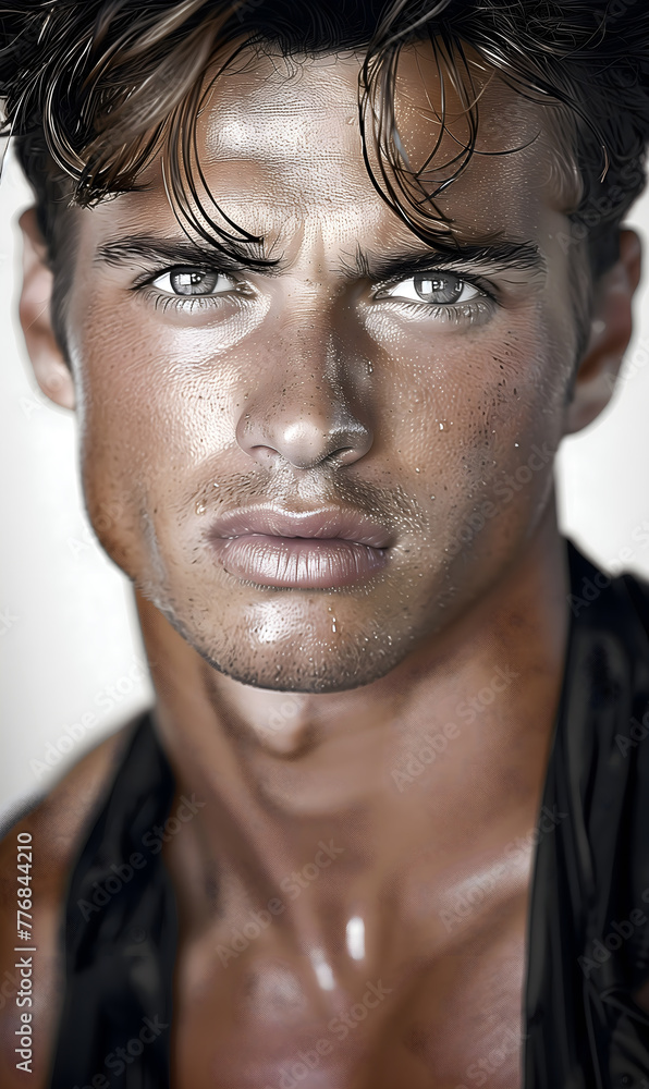 Tan male model with intense eyes and glistening skin, wearing an open ...