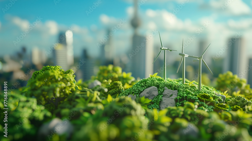 Wind Turbines Amidst Urban Greenery and Skyline . Eco-friendly wind ...
