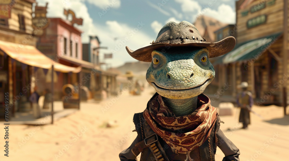 Comic Character Mr. Rango portrait in cowboy style. cute little cowboy dinosaur in vintage ...