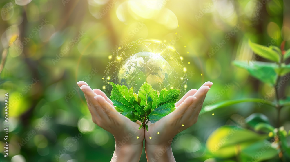 Global Eco-Friendly Concept with Green Leaves and Earth . Human hands ...