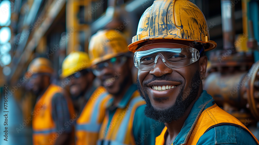 A cheerful group of male and female engineers in safety uniforms and ...