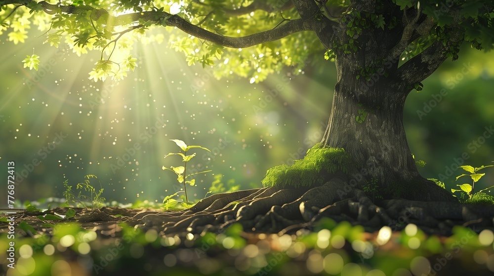 Mentorship concept image depicting a mature, robust tree with expansive ...