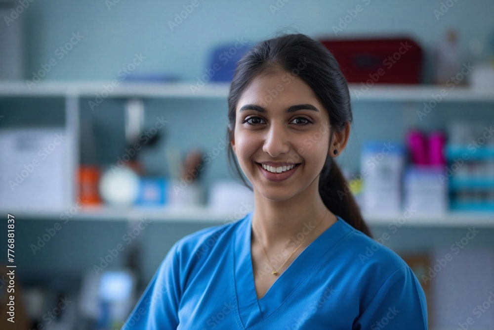 Attractive young Indian nurse wearing blue scrubs, smiling and standing ...