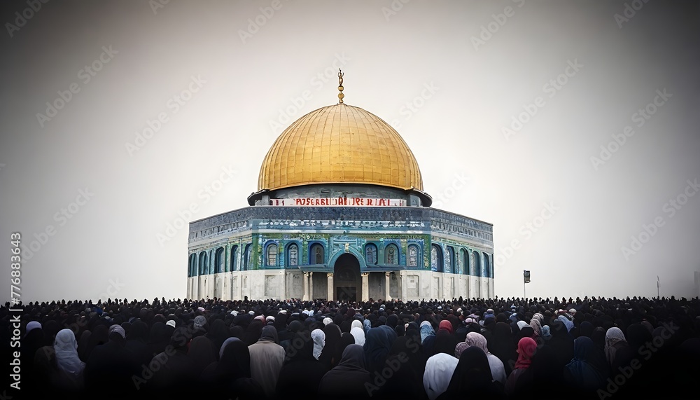 Eid Celebration in Palestine Masjid Aqsa, A large crowd of people of ...