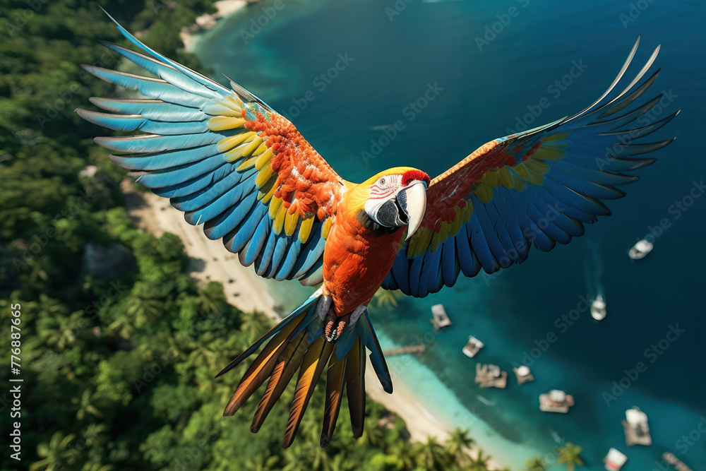 Scarlet macaw soaring high with a detailed, high-definition capture of ...
