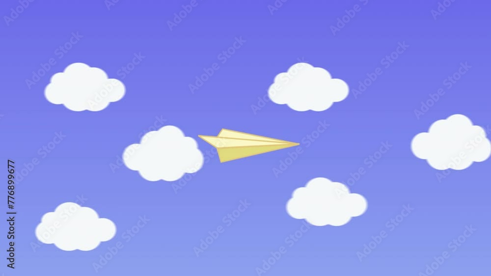 Airplane crafted looped video. Paper plane flying in clouds sky flat ...