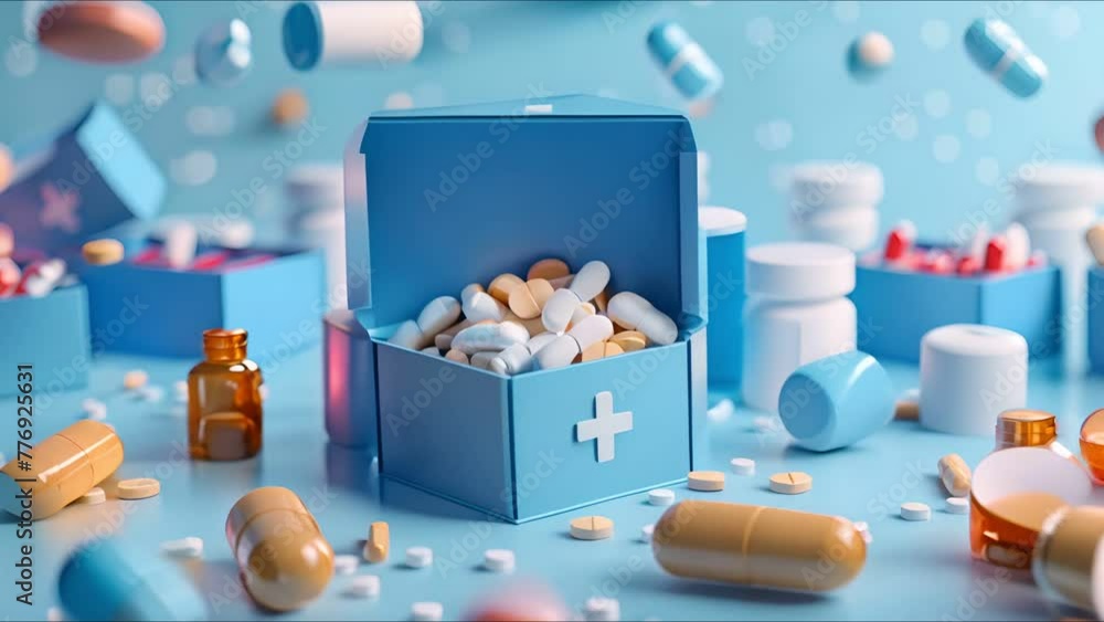 background illustration of blue box, open, filled with pill bottles ...