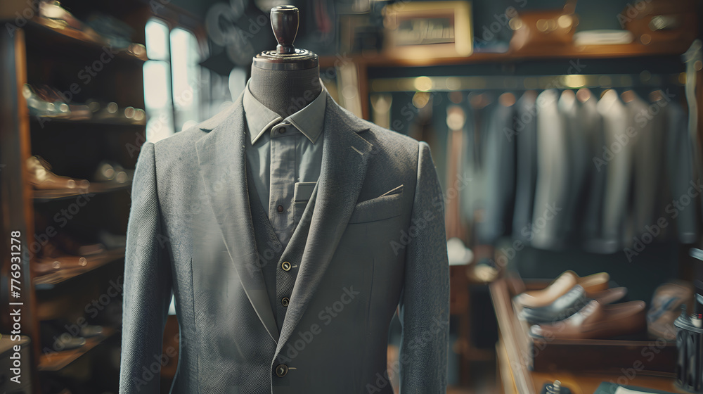 Men's shirt in the form of grey suits on a mannequin in the atelier ...