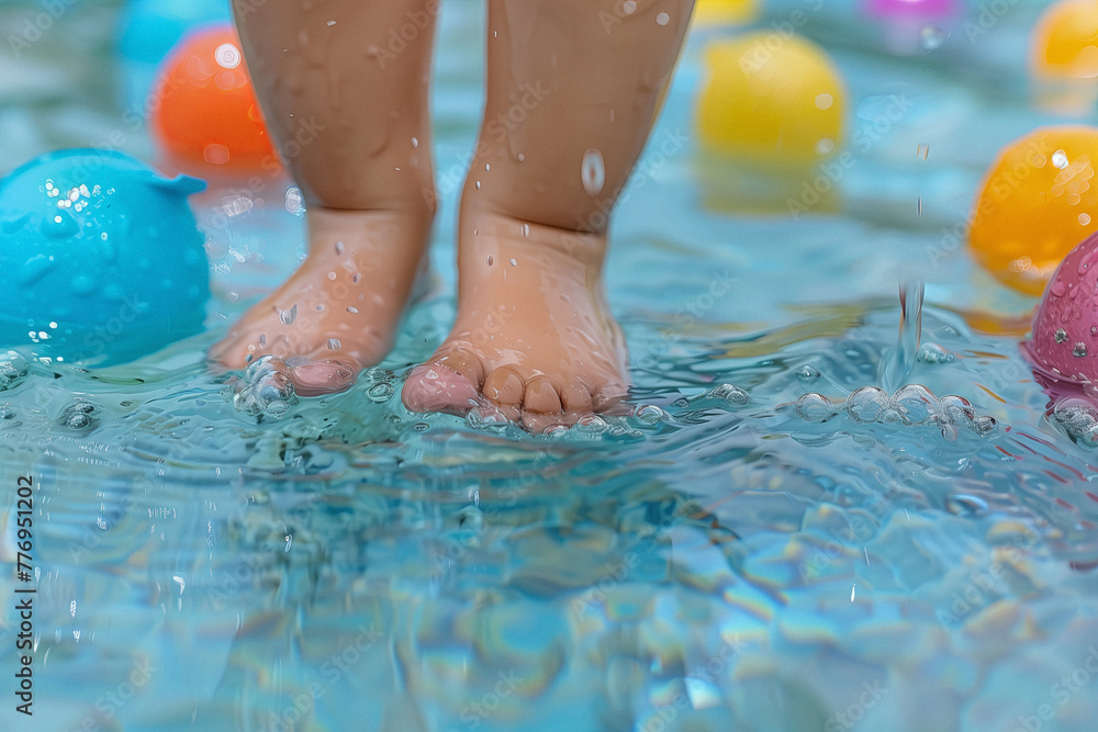 Child's Playful Time in Water. Close-up of child's feet and floating ...