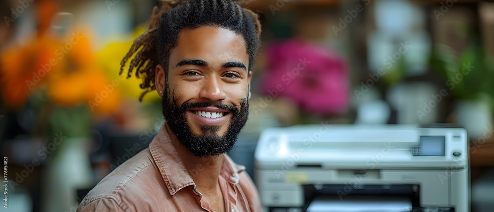 Man smiling while operating office multifunction printer secretary busy ...