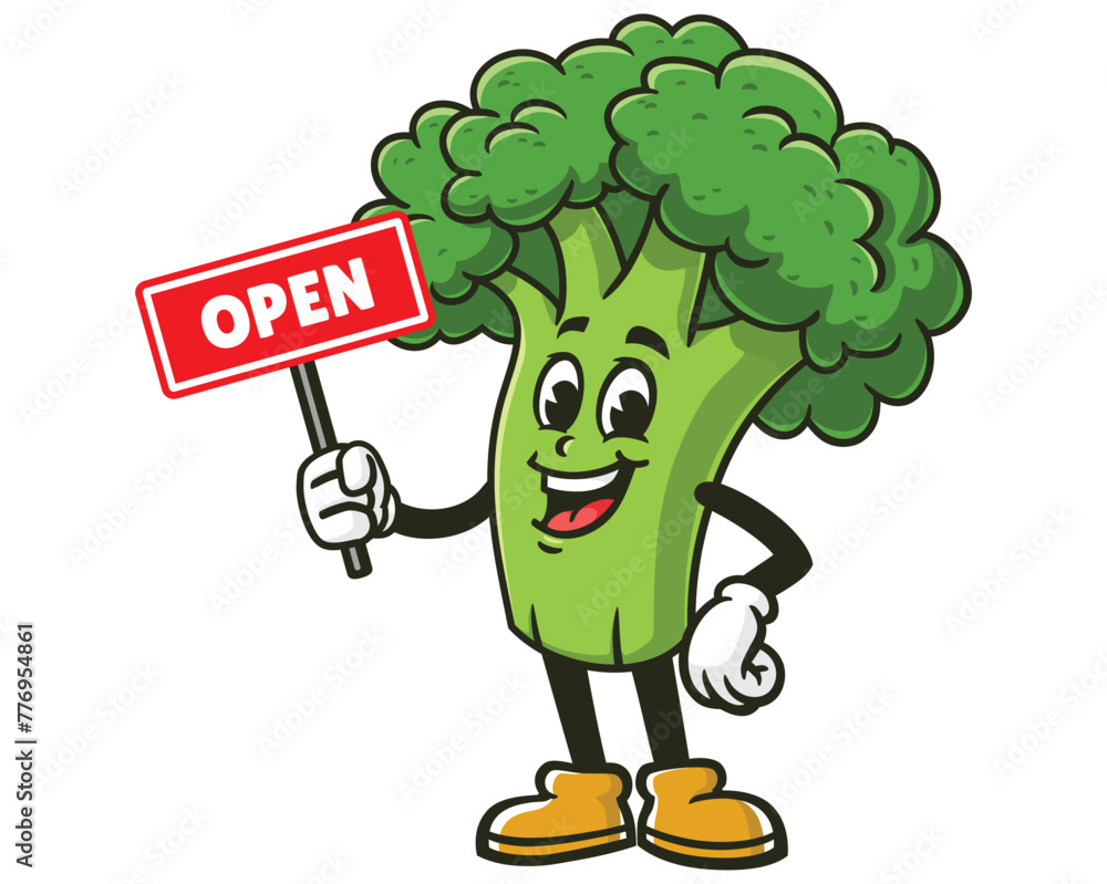 Broccoli holding open sign board cartoon mascot illustration character ...