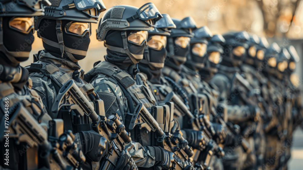 A disciplined line of soldiers in modern tactical gear with helmets and ...