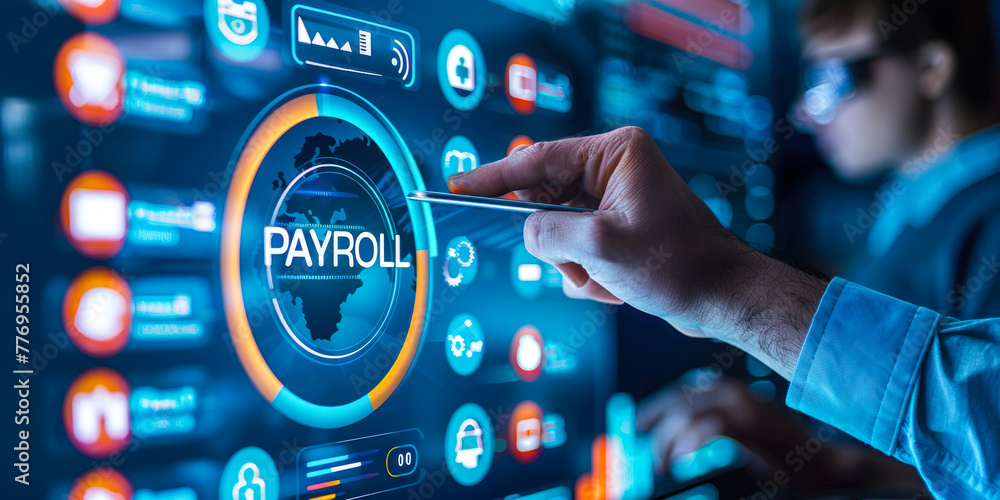 Professional Holding Virtual Interface with Payroll and Financial Icons ...