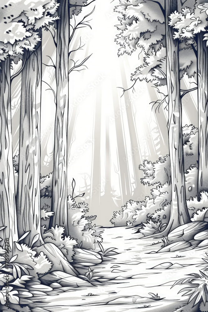 A detailed drawing of a winding path cutting through a dense forest ...