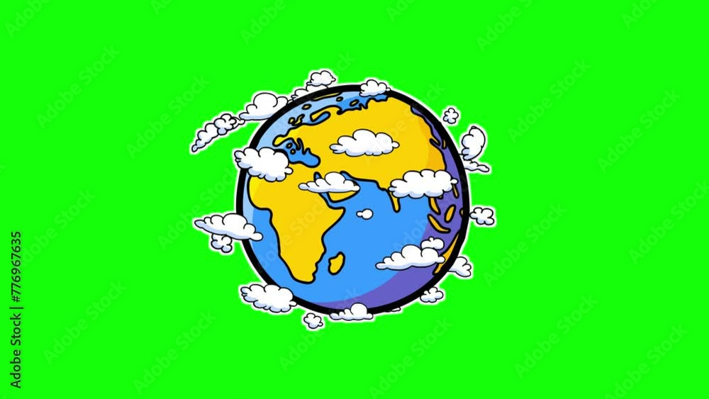Earth globe with moving clouds cartoon isolated white outline. Earth ...
