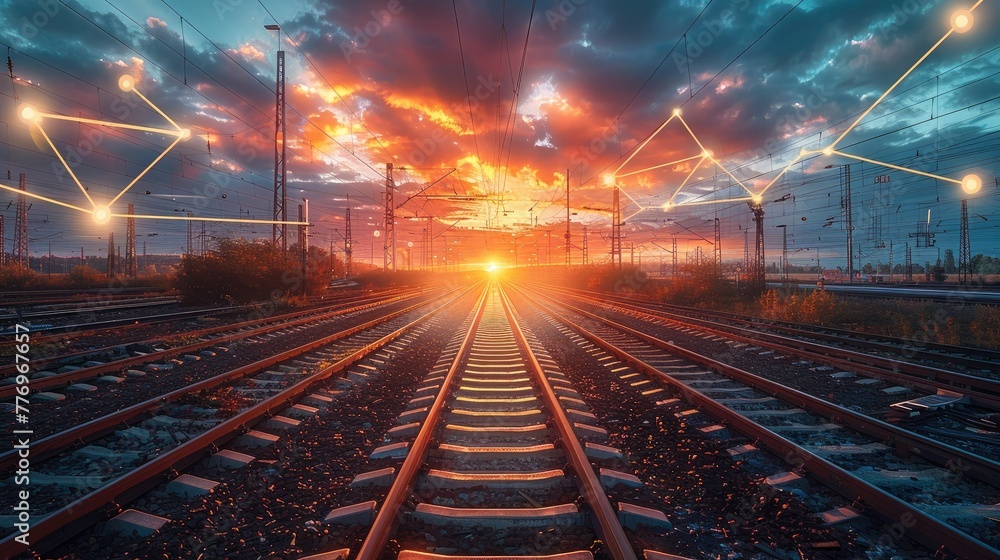 A railway infrastructure in sunrise with many rail tracks, With symbols ...