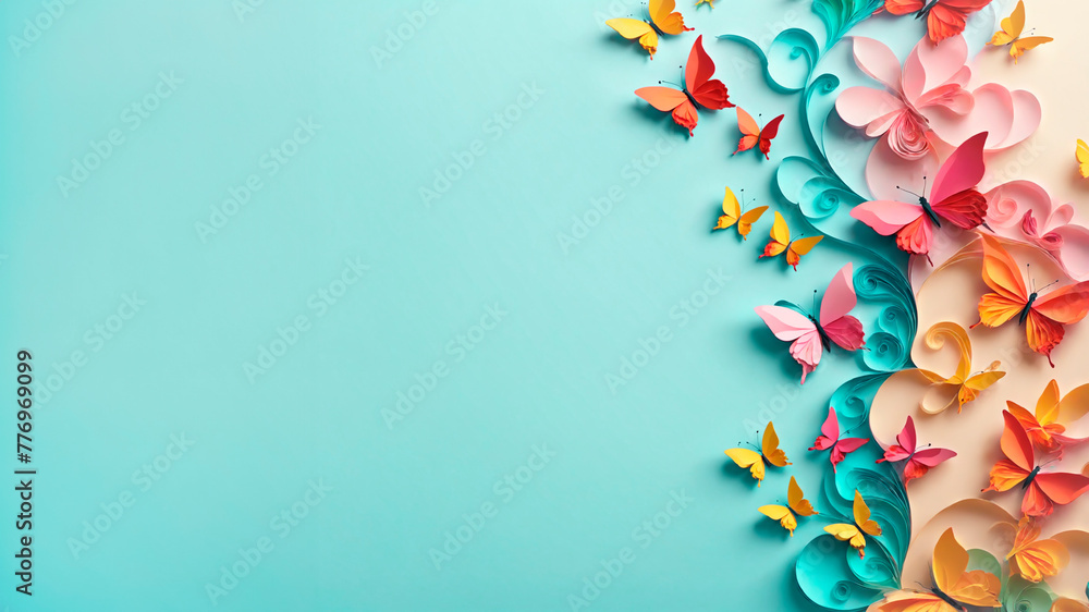 flat lay background concept with paper butterflies and summer vacation ...