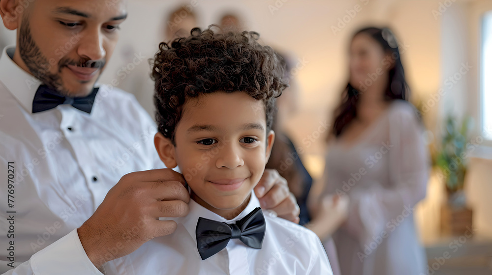 Proud Father Adjusting Son's Bow Tie on a Special Occasion. Family ...