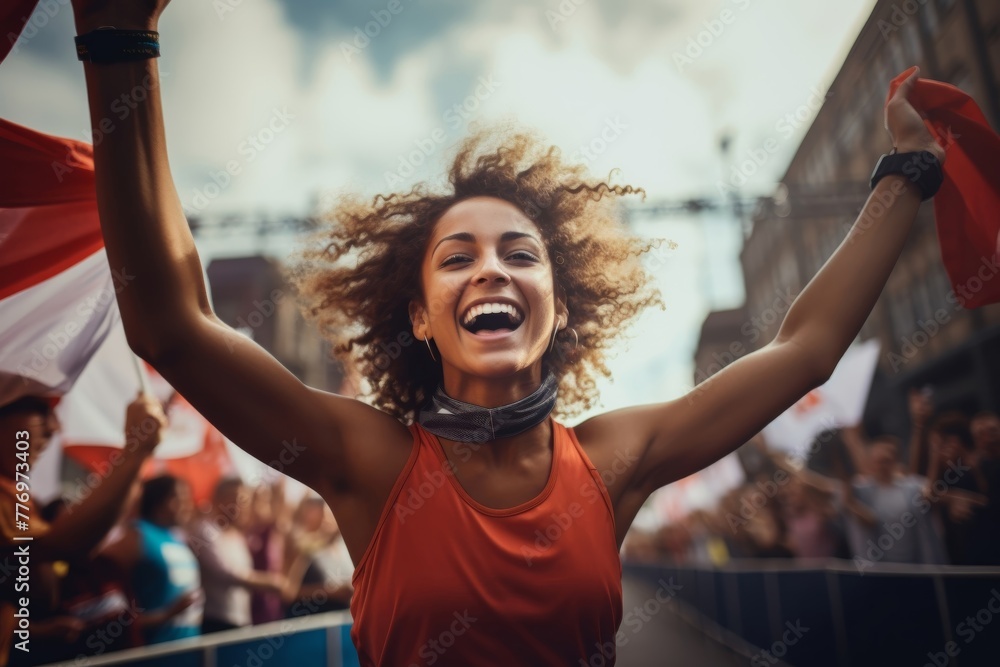 Marathon champion, A happy and determined female athlete triumphantly ...