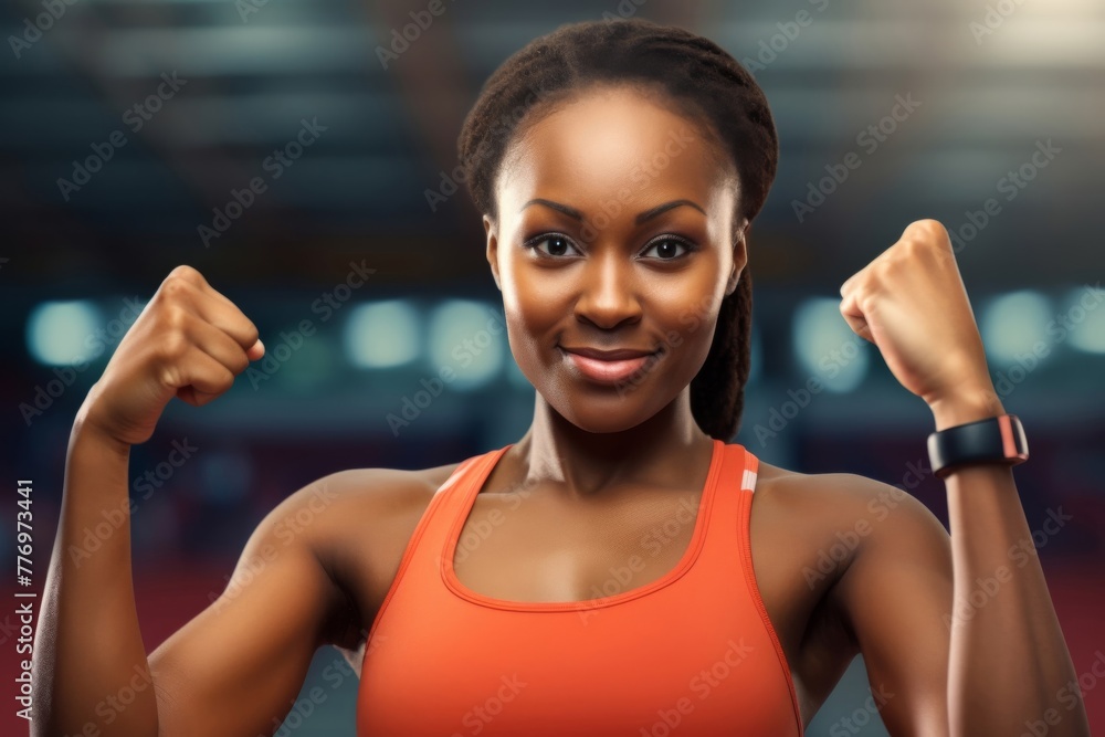 Marathon champion, A happy and determined female athlete triumphantly ...