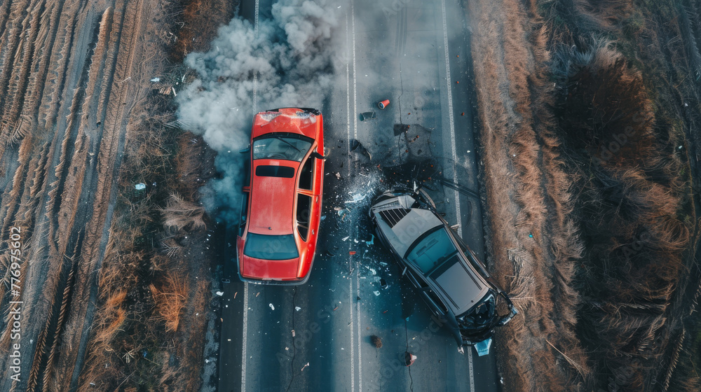 Foto de Highway Car accident Top view with smoke rising from the ...