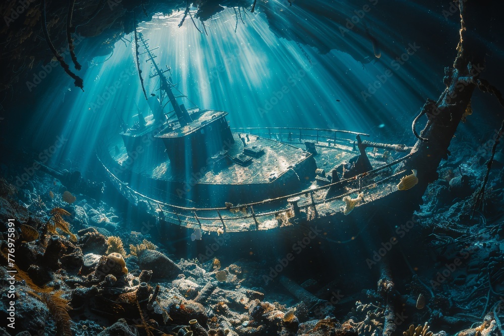 Sunken ship on the seabed, capturing its weathered structure and the ...