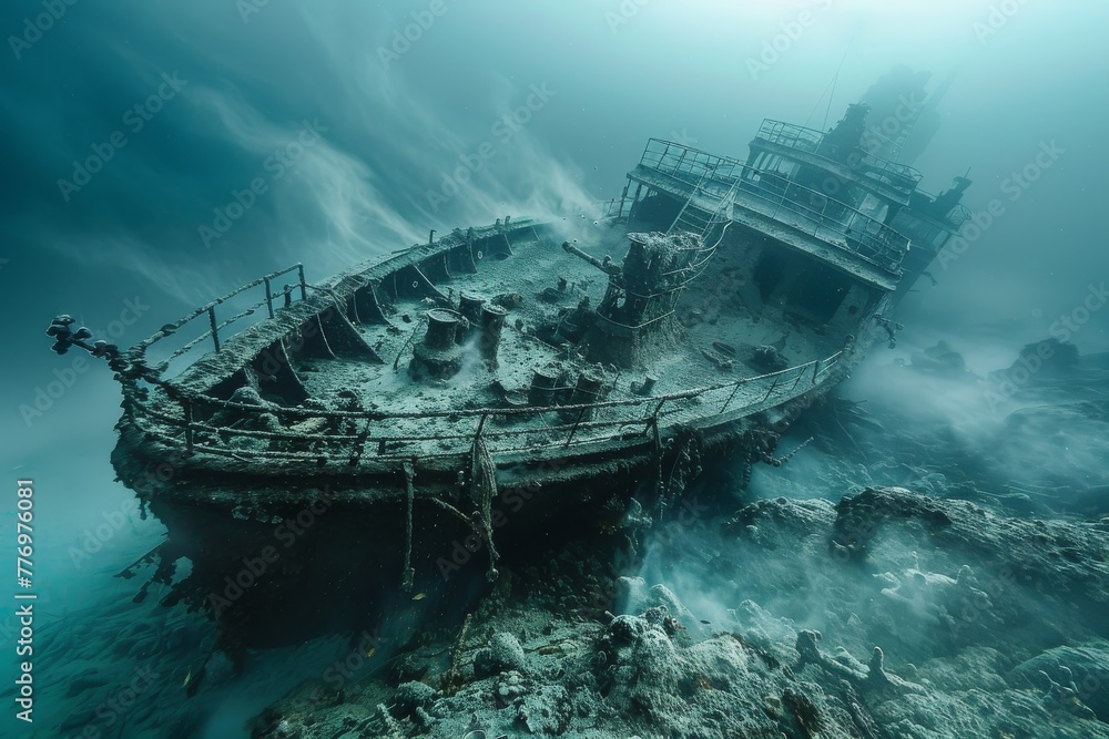 Sunken ship on the seabed, capturing its weathered structure and the ...