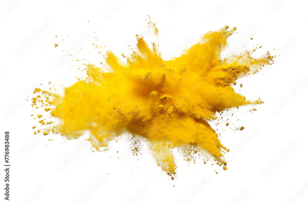 Yellow color powder explosion splash with freeze isolated on background ...