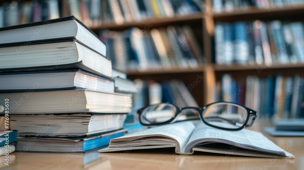 A clear, focused image of an open book with a pair of reading glasses ...