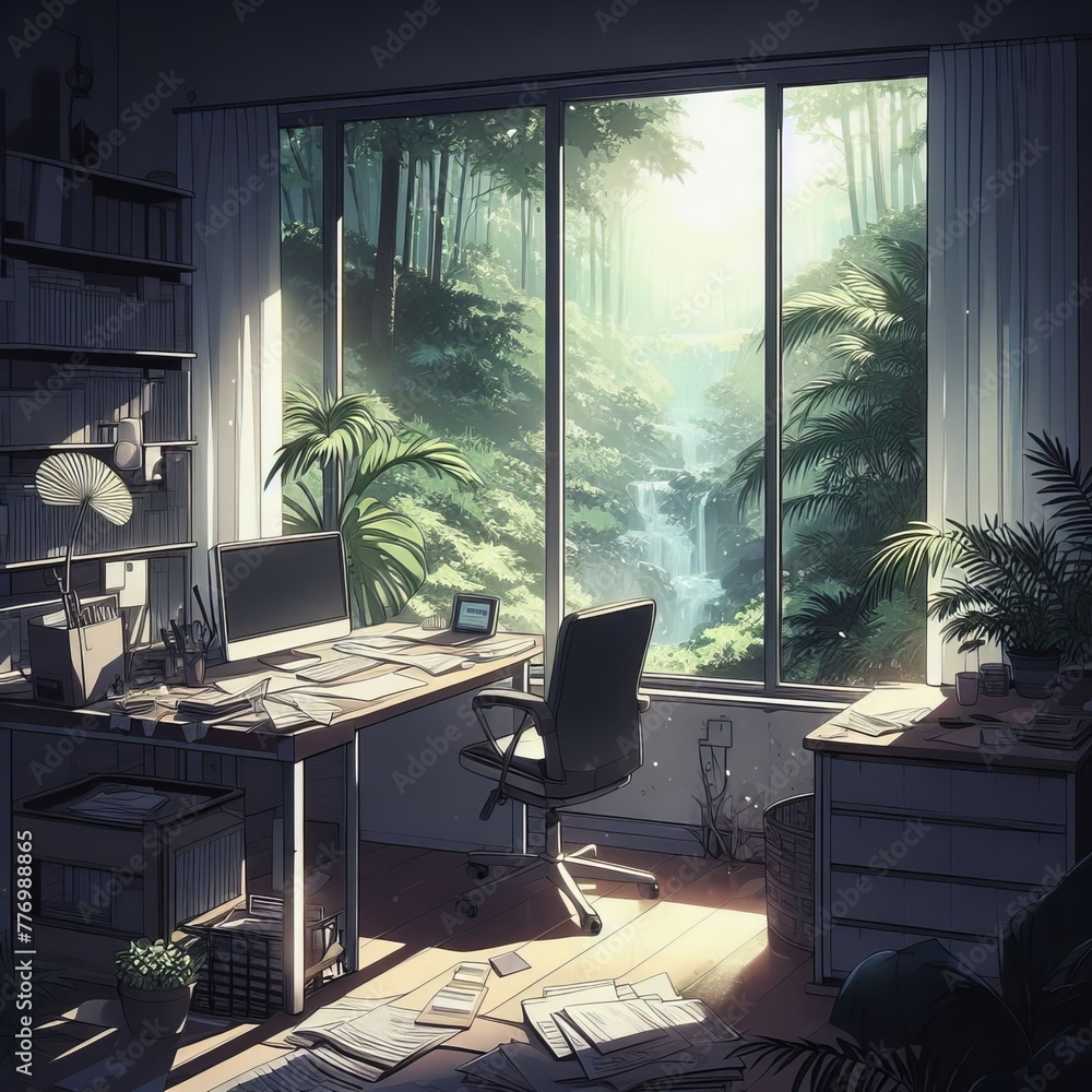 A lofi anime style illustration of an empty interior. The room is ...