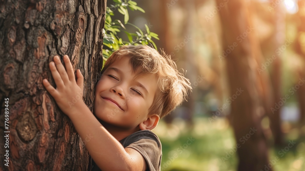 A young child with a heartfelt smile embraces the trunk of a large tree ...