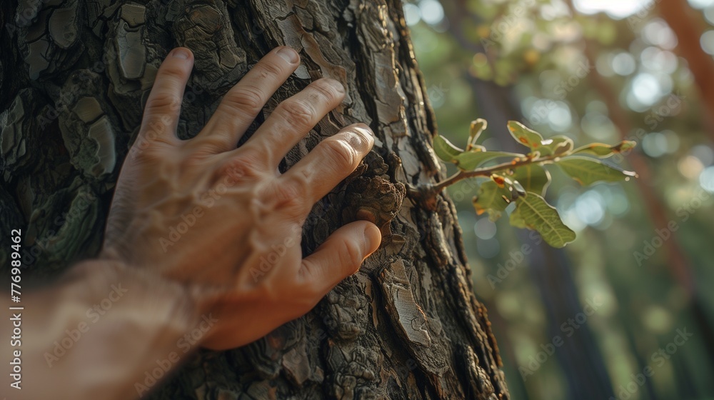 A close-up image capturing a mans hand gently touching the rough ...