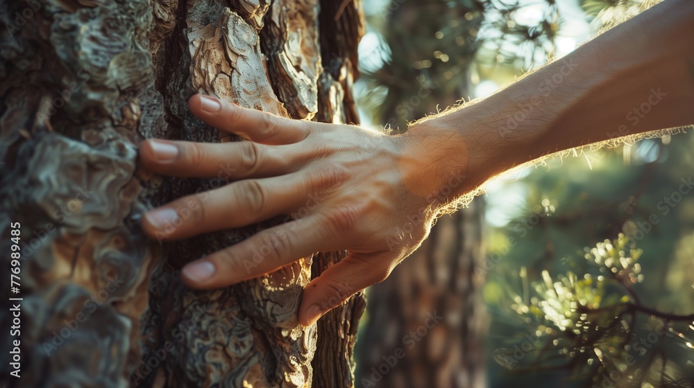 A close-up image capturing a mans hand gently touching the rough ...