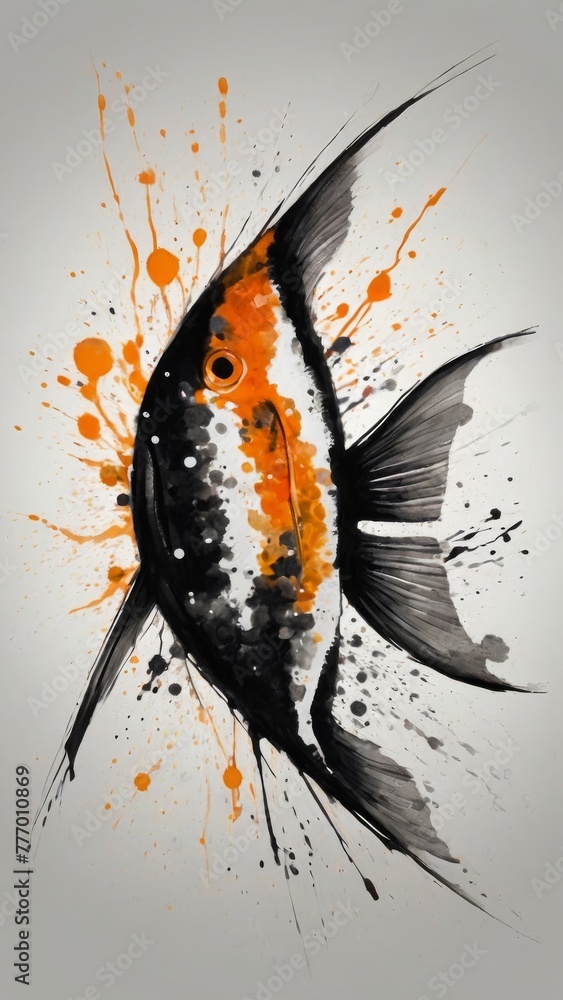 Imagine a single "K" fish depicted in calligraphy style, accentuated ...