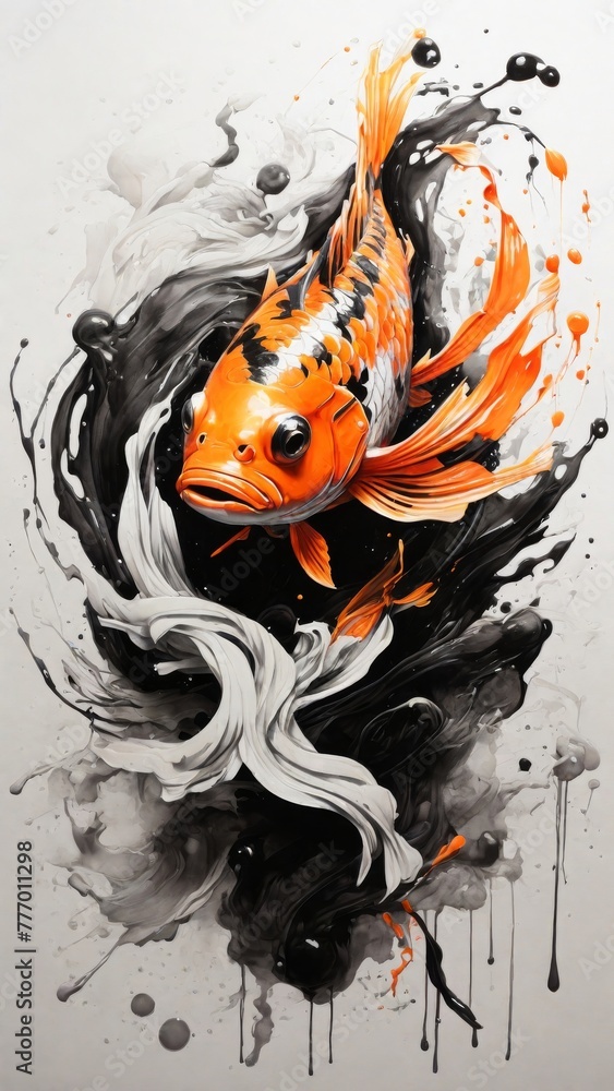 Imagine a single "K" fish depicted in calligraphy style, accentuated ...