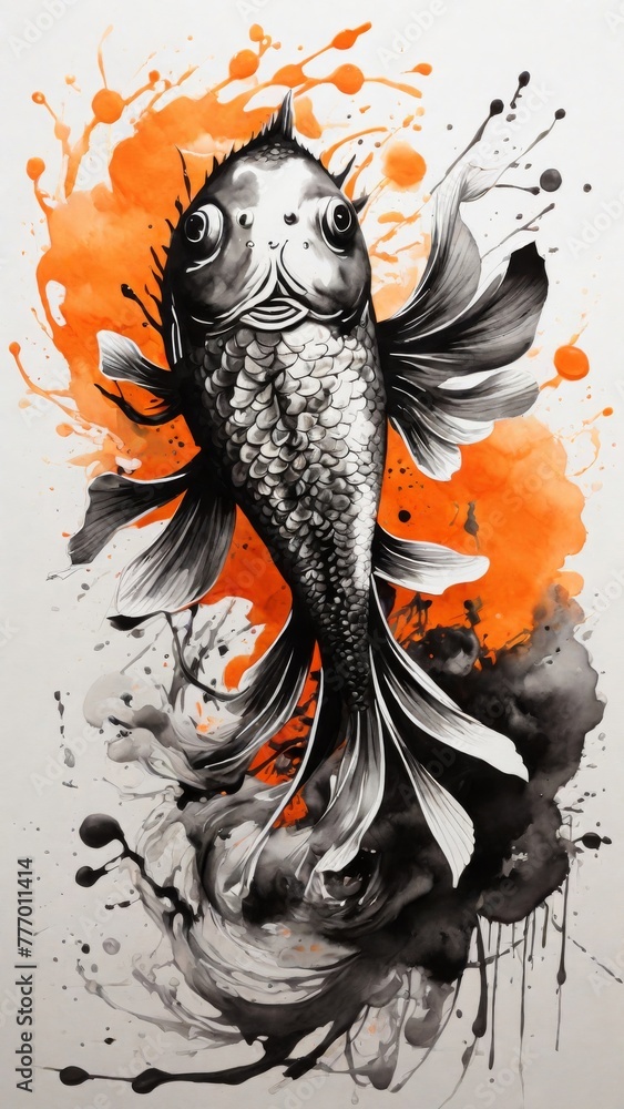 Imagine a single "K" fish depicted in calligraphy style, accentuated ...