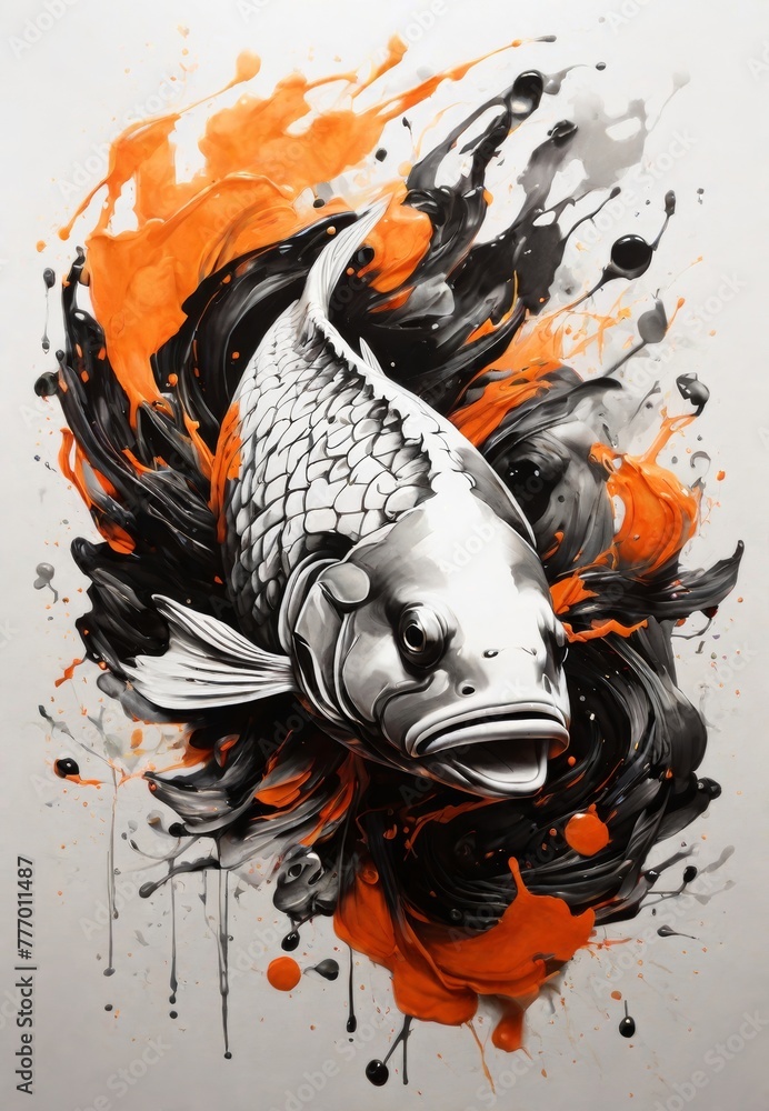 Imagine a single "K" fish depicted in calligraphy style, accentuated ...